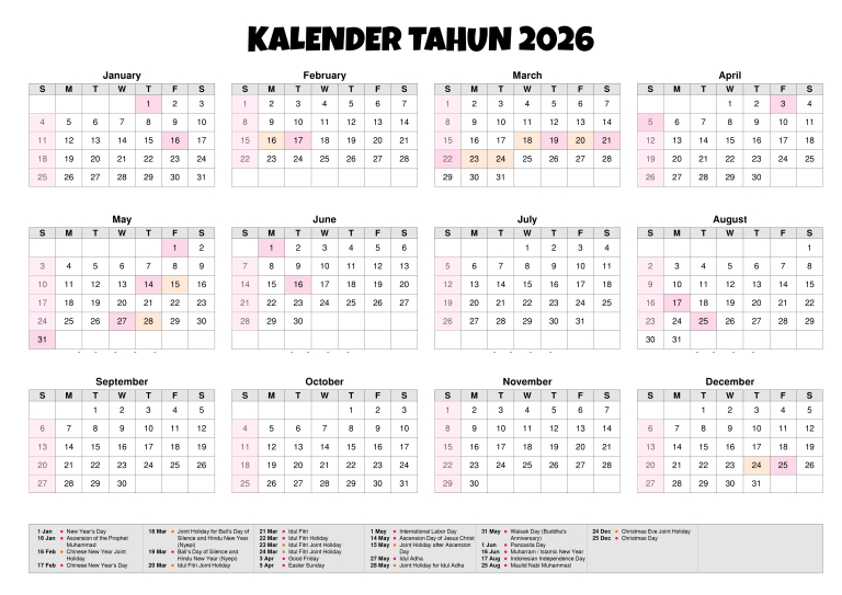 Download Kalender 2026, Gratis Ukuran A3 Satu Lembar 12 bulan ...